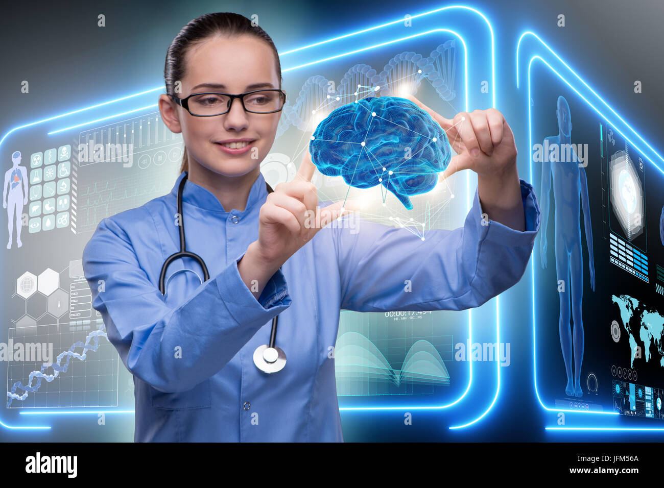 Female doctor with the brain in medical concept Stock Photo - Alamy