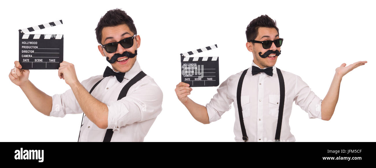 Funny with movie clapper isolated on white Stock Photo - Alamy