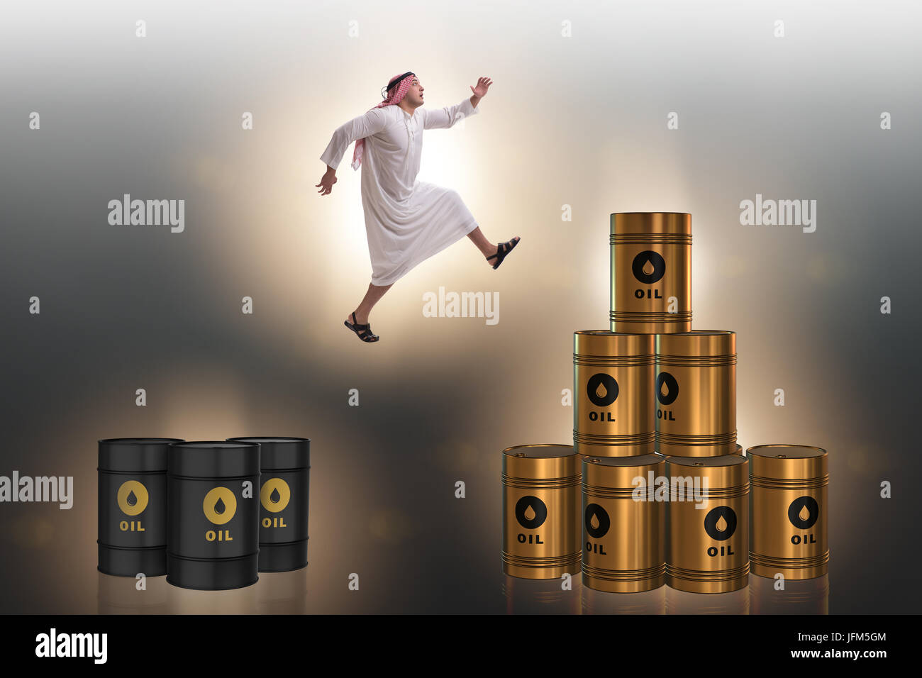 Arab businessman jumping from oil barrels Stock Photo - Alamy
