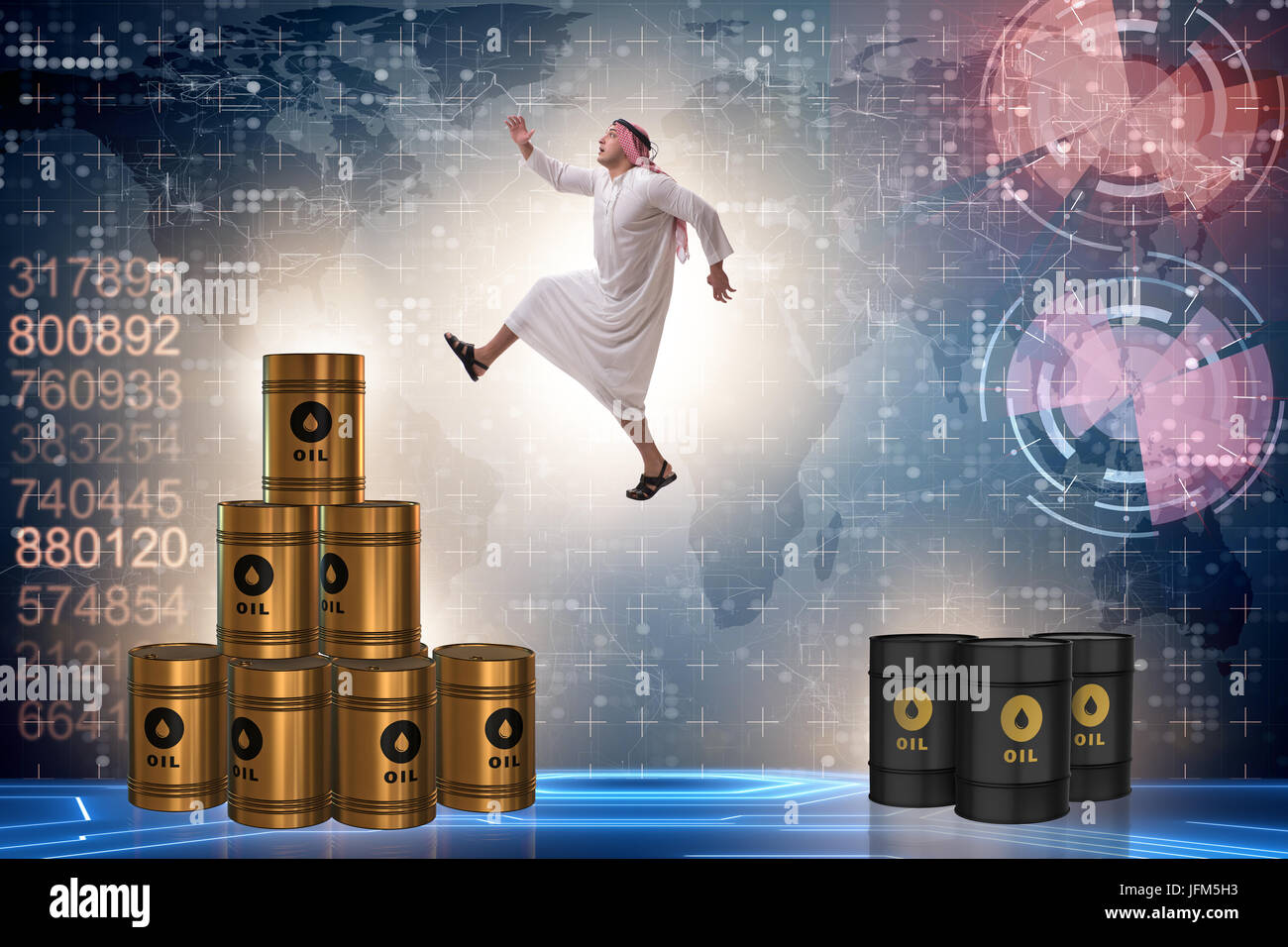 Arab businessman jumping from oil barrels Stock Photo - Alamy