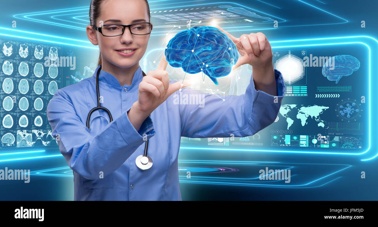 Female doctor with the brain in medical concept Stock Photo - Alamy