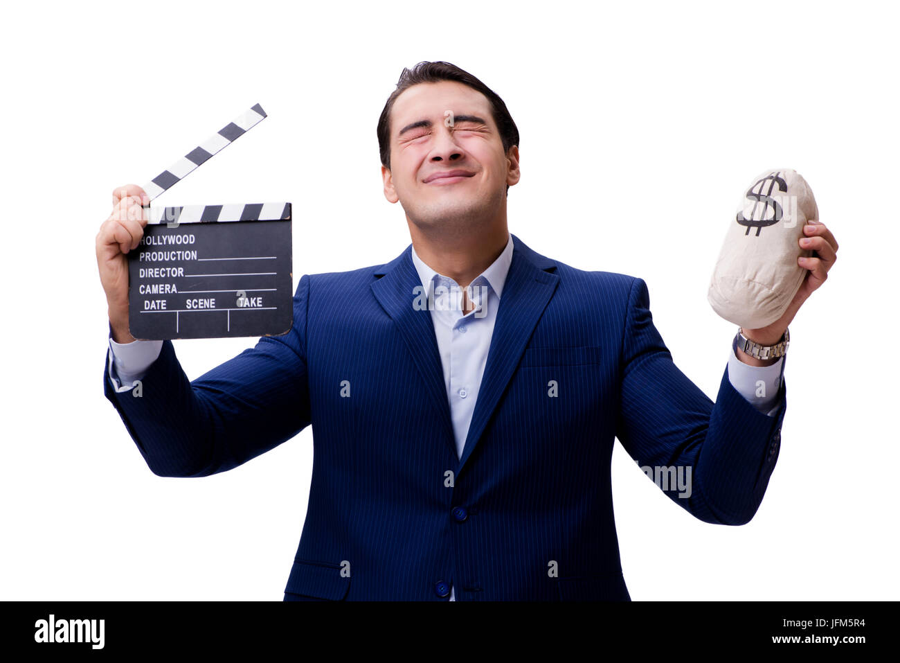 Handsome man with movie clapper isolated on white Stock Photo - Alamy