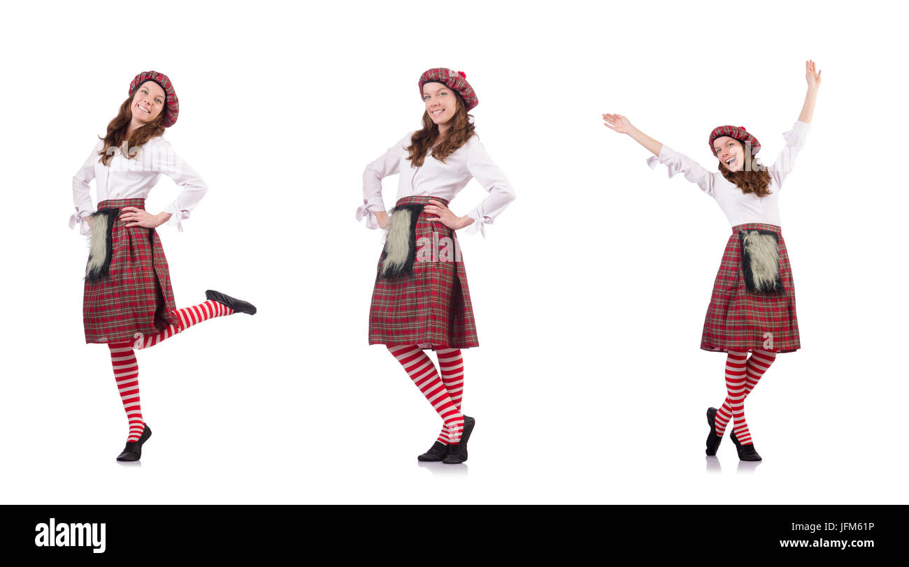 Pretty girl in plaid red clothing isolated on white Stock Photo - Alamy