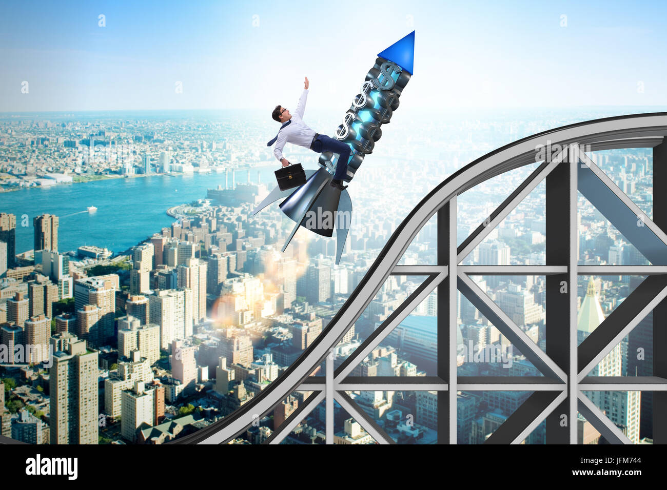 Male businessman flying on rocket in business concept Stock Photo - Alamy