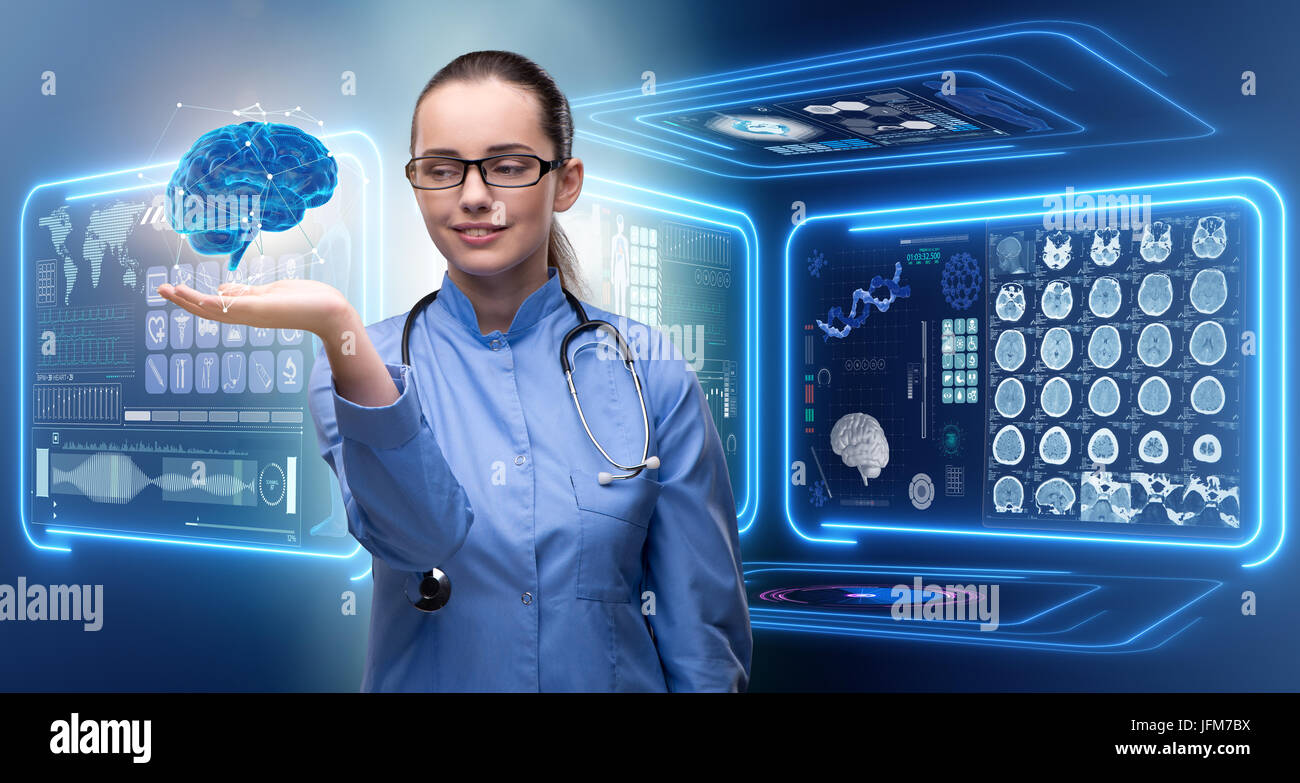 Female doctor with the brain in medical concept Stock Photo - Alamy