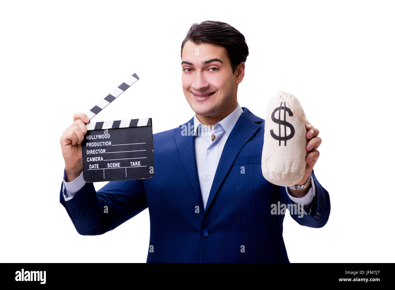 Handsome man with movie clapper isolated on white Stock Photo - Alamy
