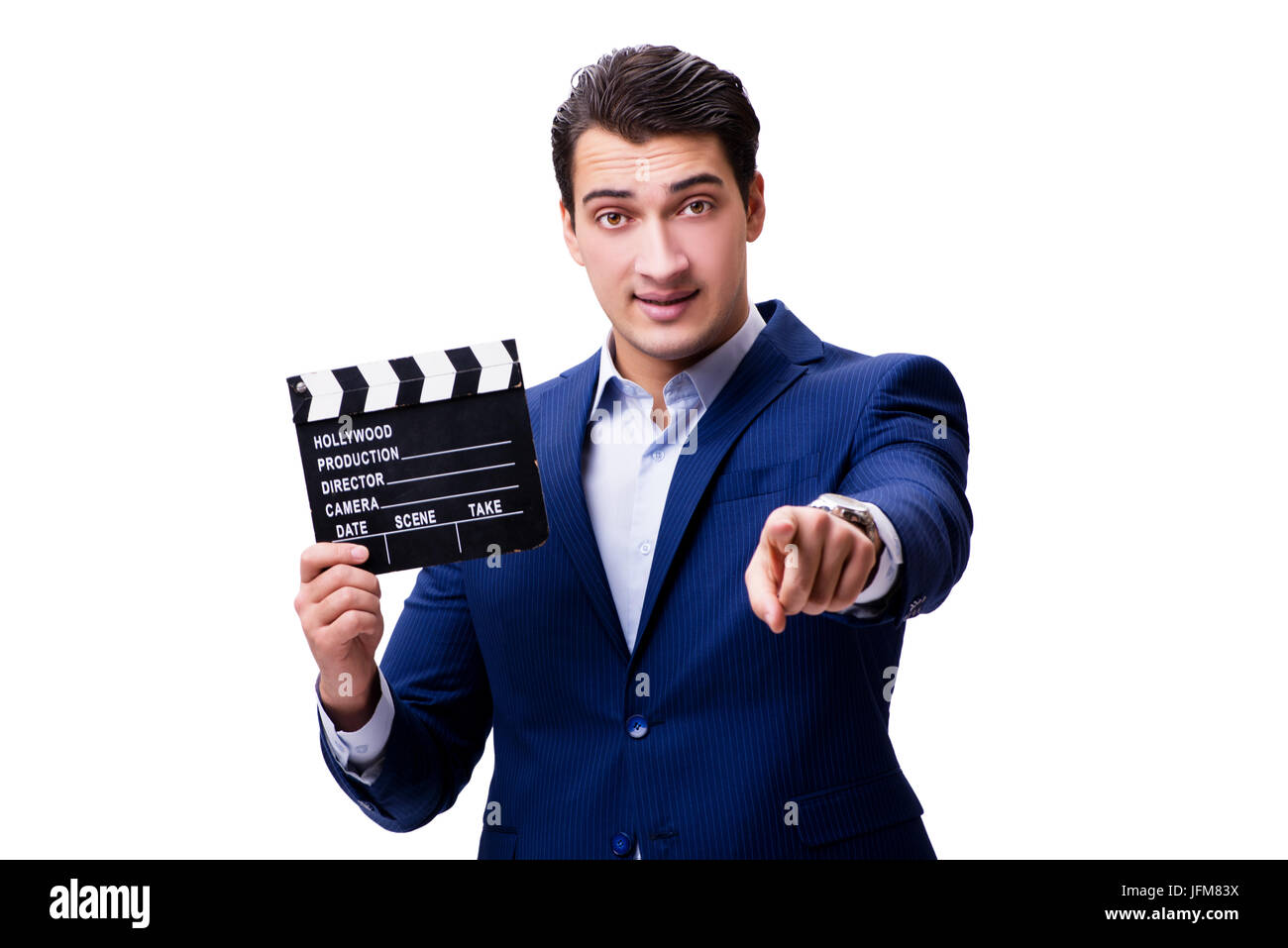 Handsome man with movie clapper isolated on white Stock Photo - Alamy