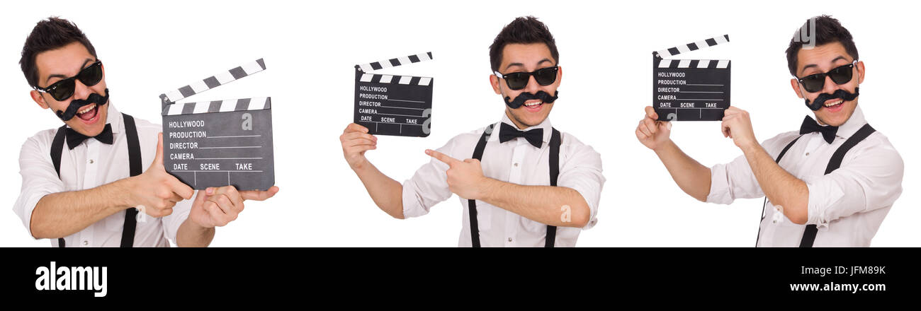 Funny with movie clapper isolated on white Stock Photo - Alamy