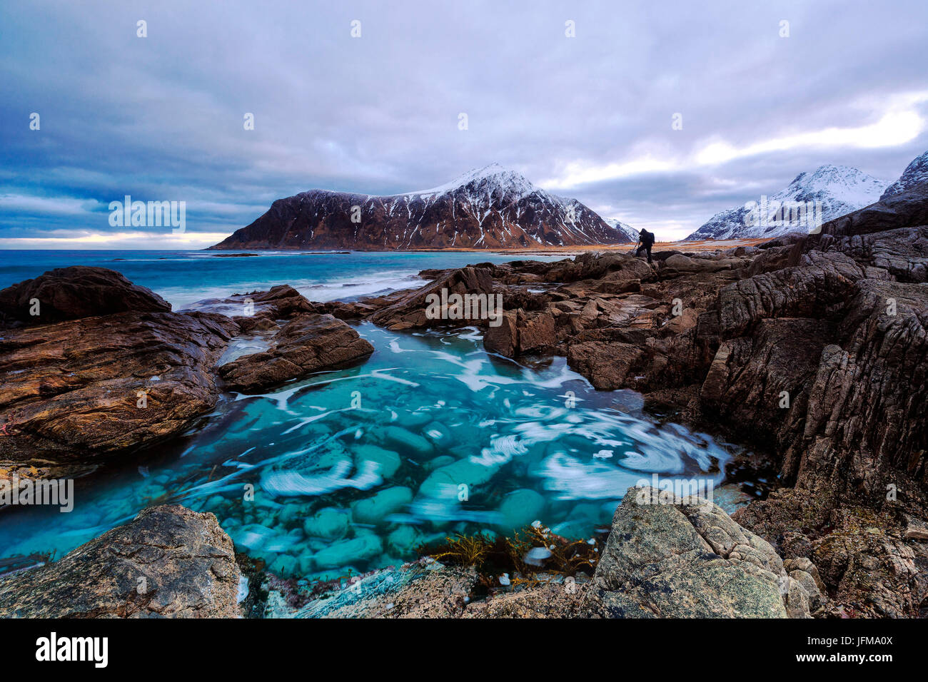 Flakstad beach with Hustinden peak in the background, Lofoten Islands ...