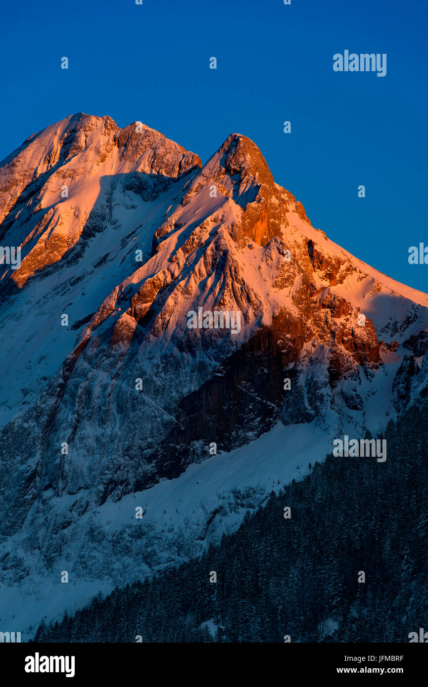 Europe, Italy, Dolomites, Trentino, Fassa Valley, Gran Vernel at sunset ...