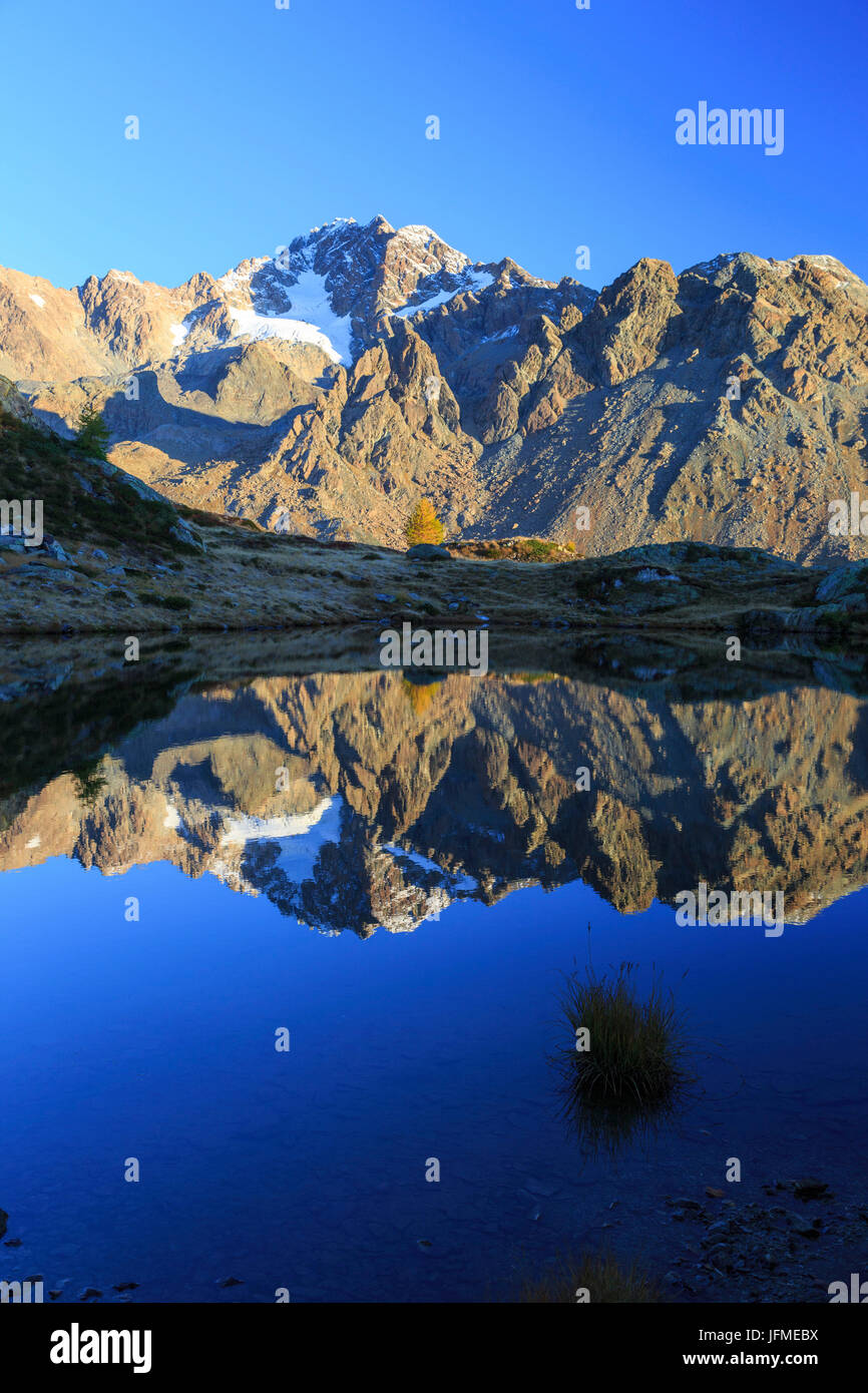 Rocky peaks of Mount Disgrazia reflected in the clear water of Lake ...