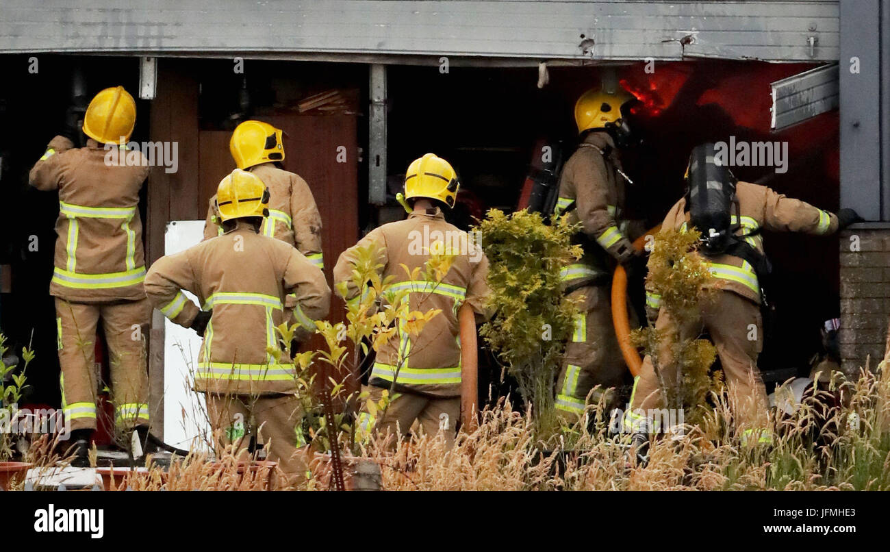Fire crews tackle a factory fire at belfast crystal hi-res stock ...