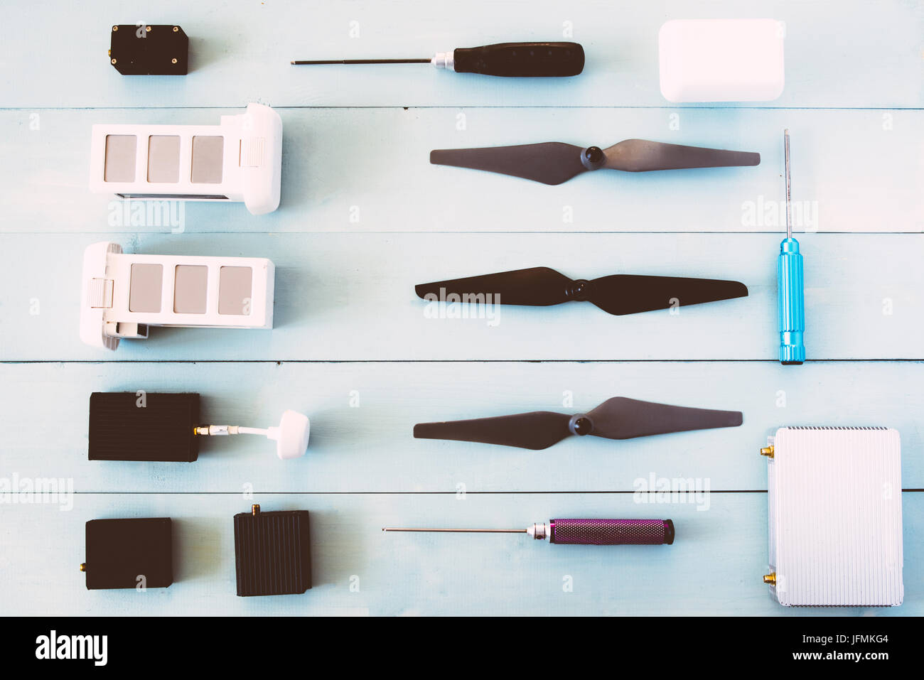 Top view of drone components, included propellers, video link, digital ...