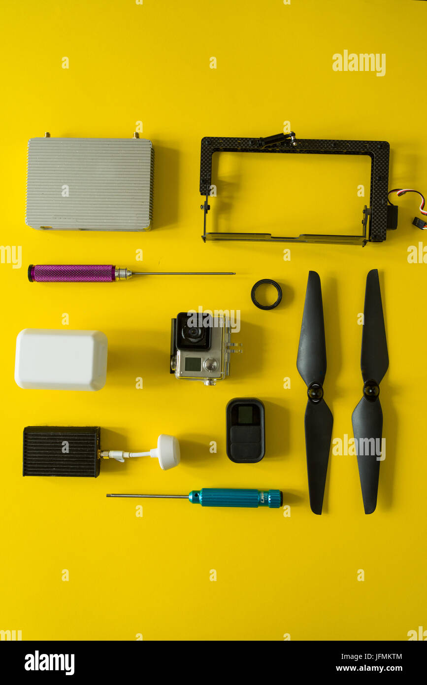 Top view of drone components, included propellers, video link, digital ...