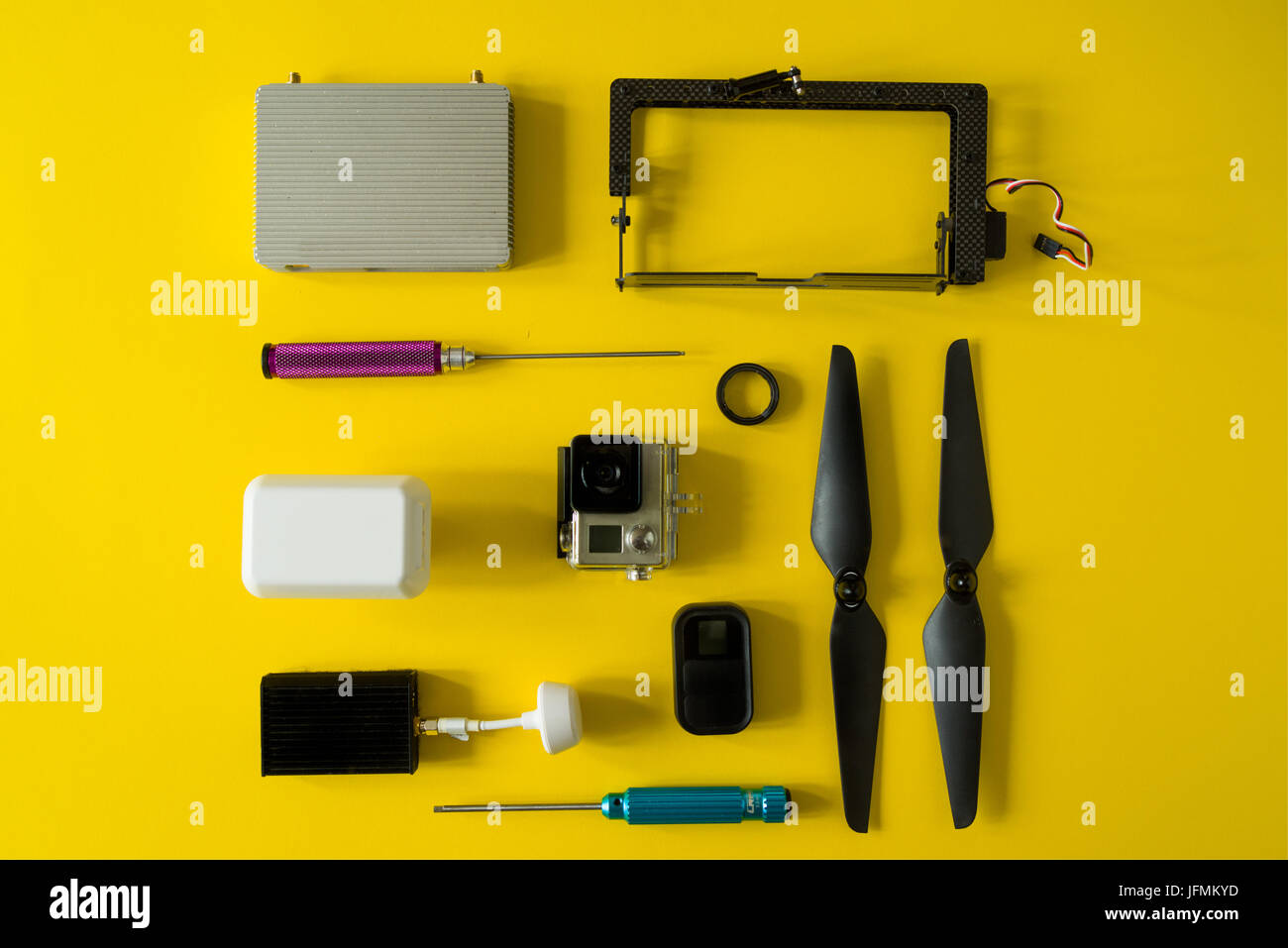 Top view of drone components, included propellers, video link, digital ...