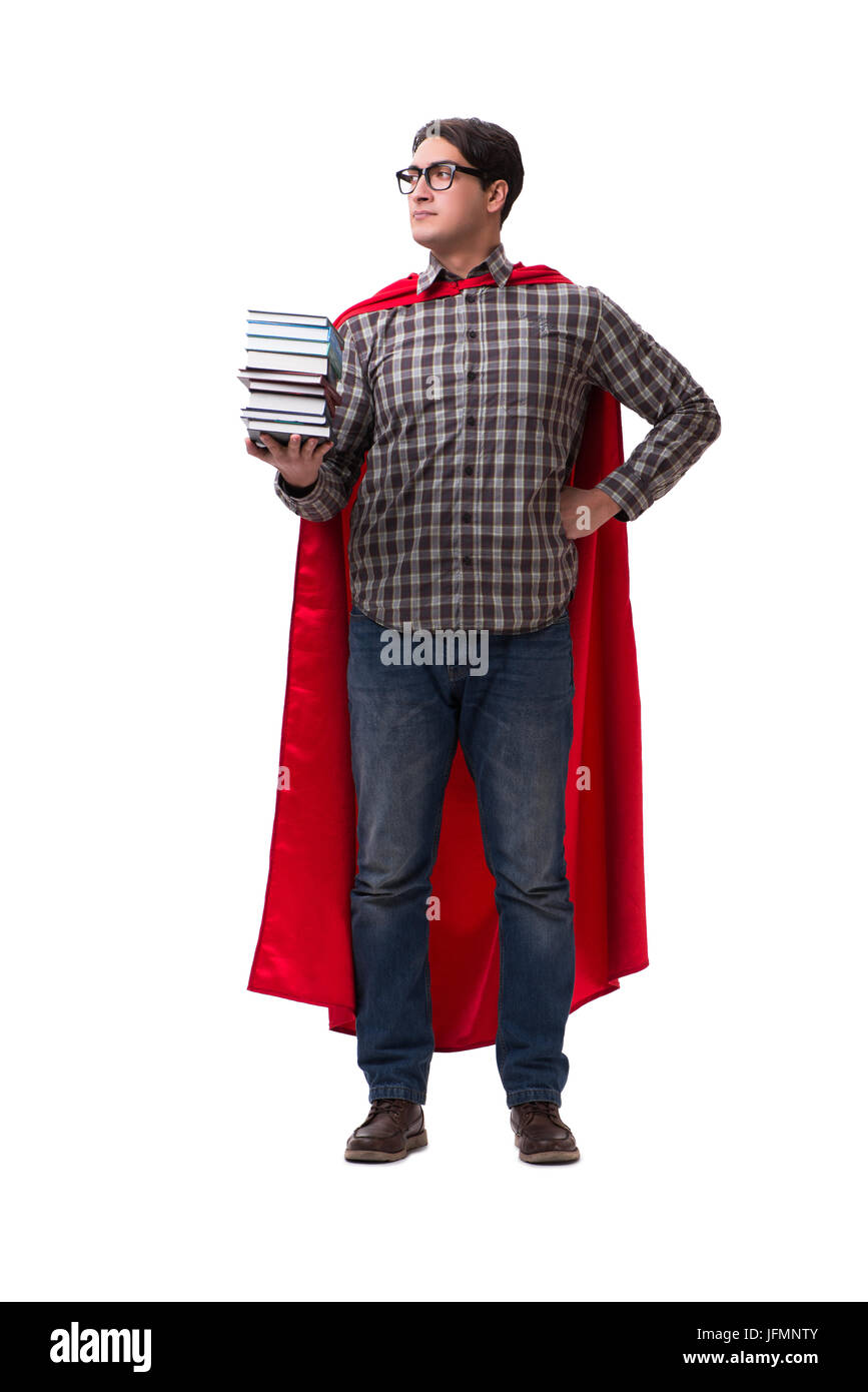 Super hero student with books isolated on white Stock Photo - Alamy