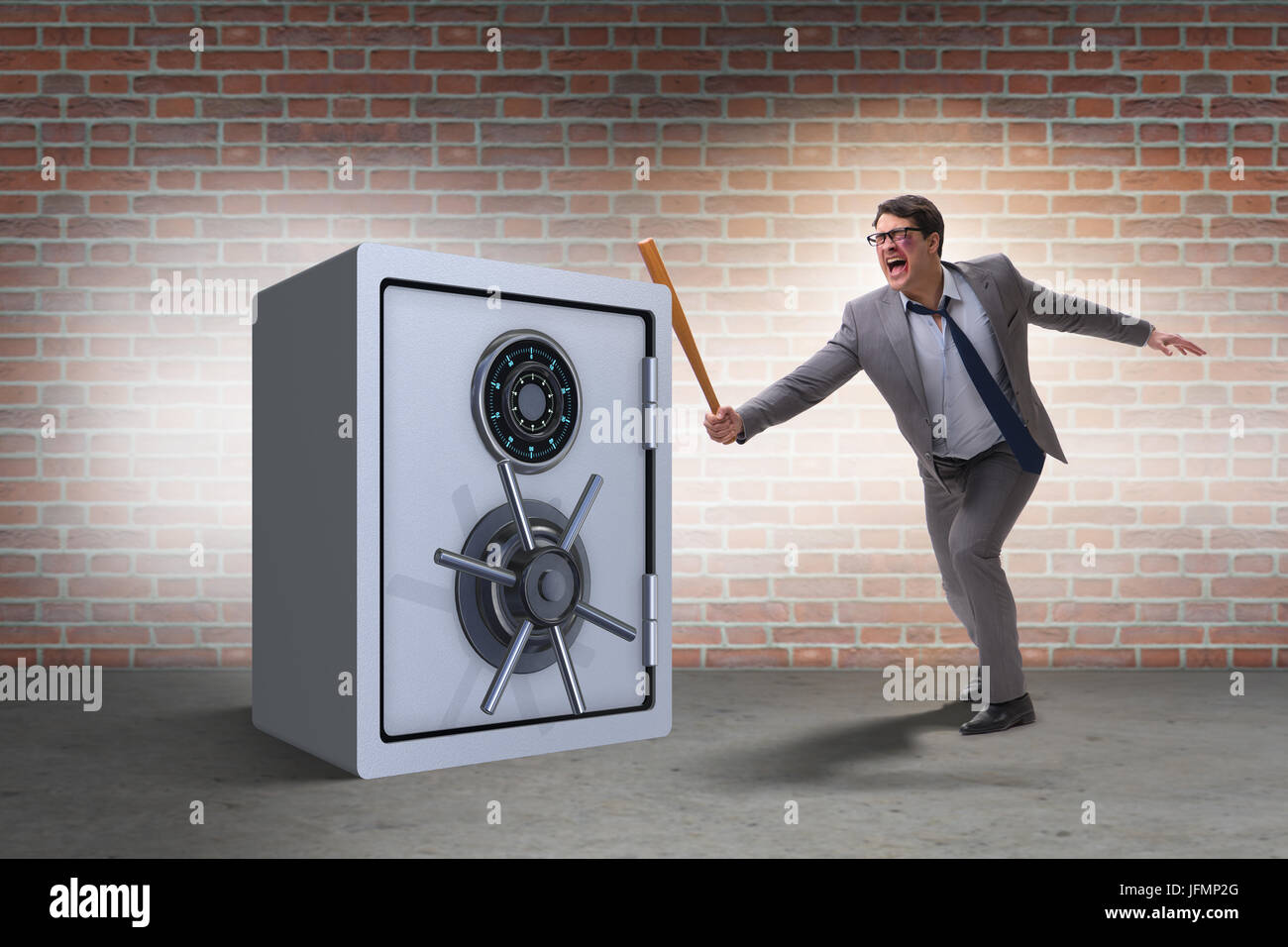 Angry man with baseball bat hitting money safe Stock Photo - Alamy