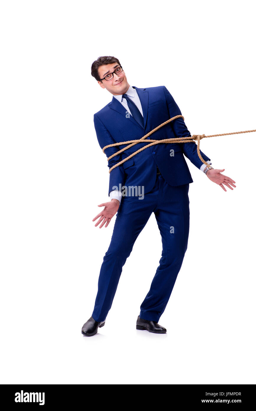 Businessman caught with rope lasso isolated on white Stock Photo - Alamy
