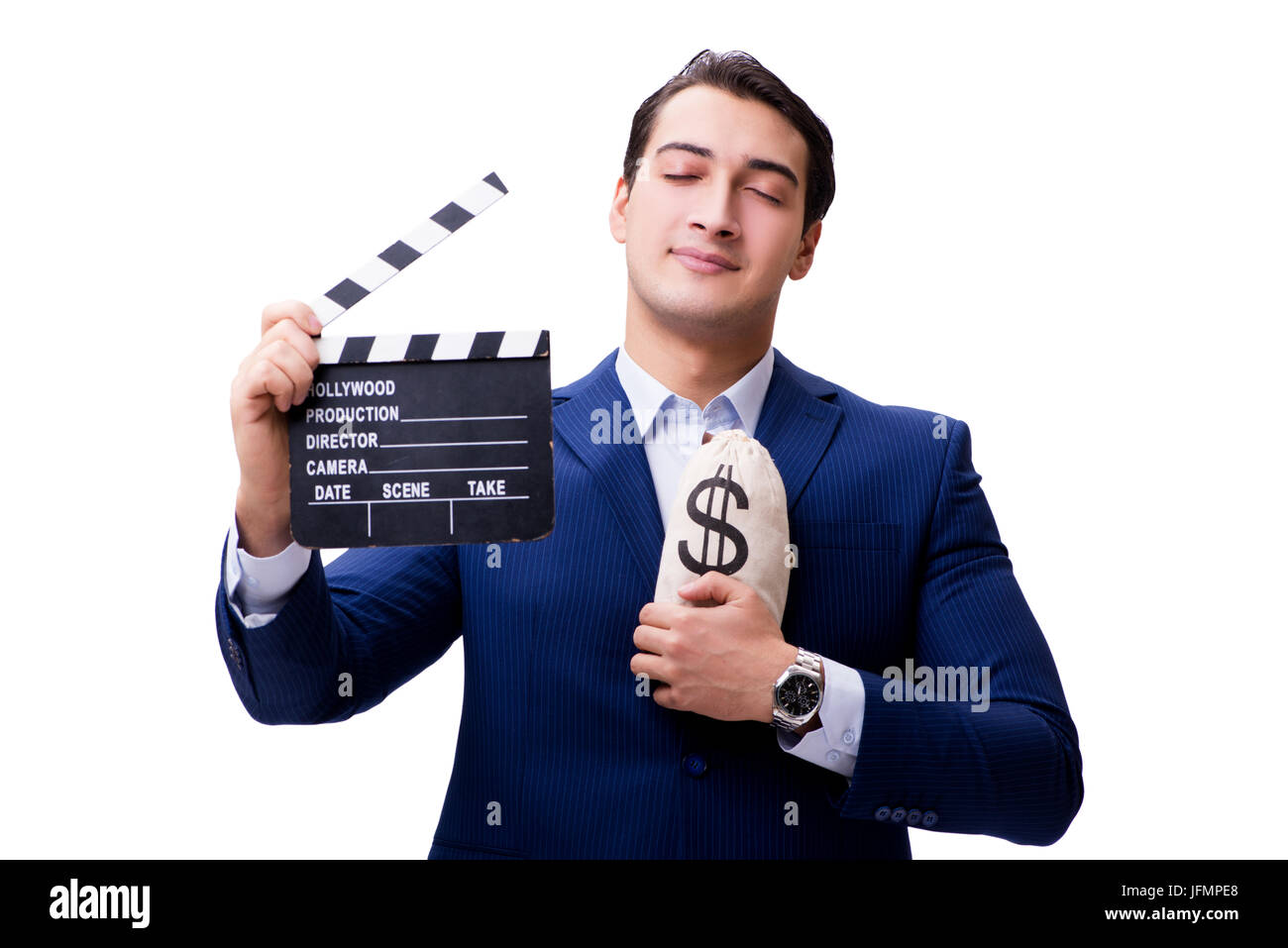 Handsome man with movie clapper isolated on white Stock Photo - Alamy