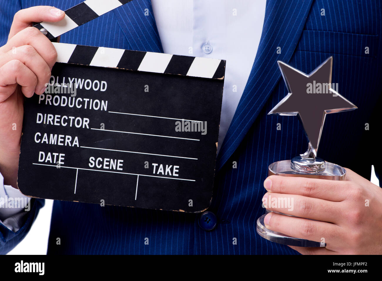 Handsome man with movie clapper isolated on white Stock Photo - Alamy