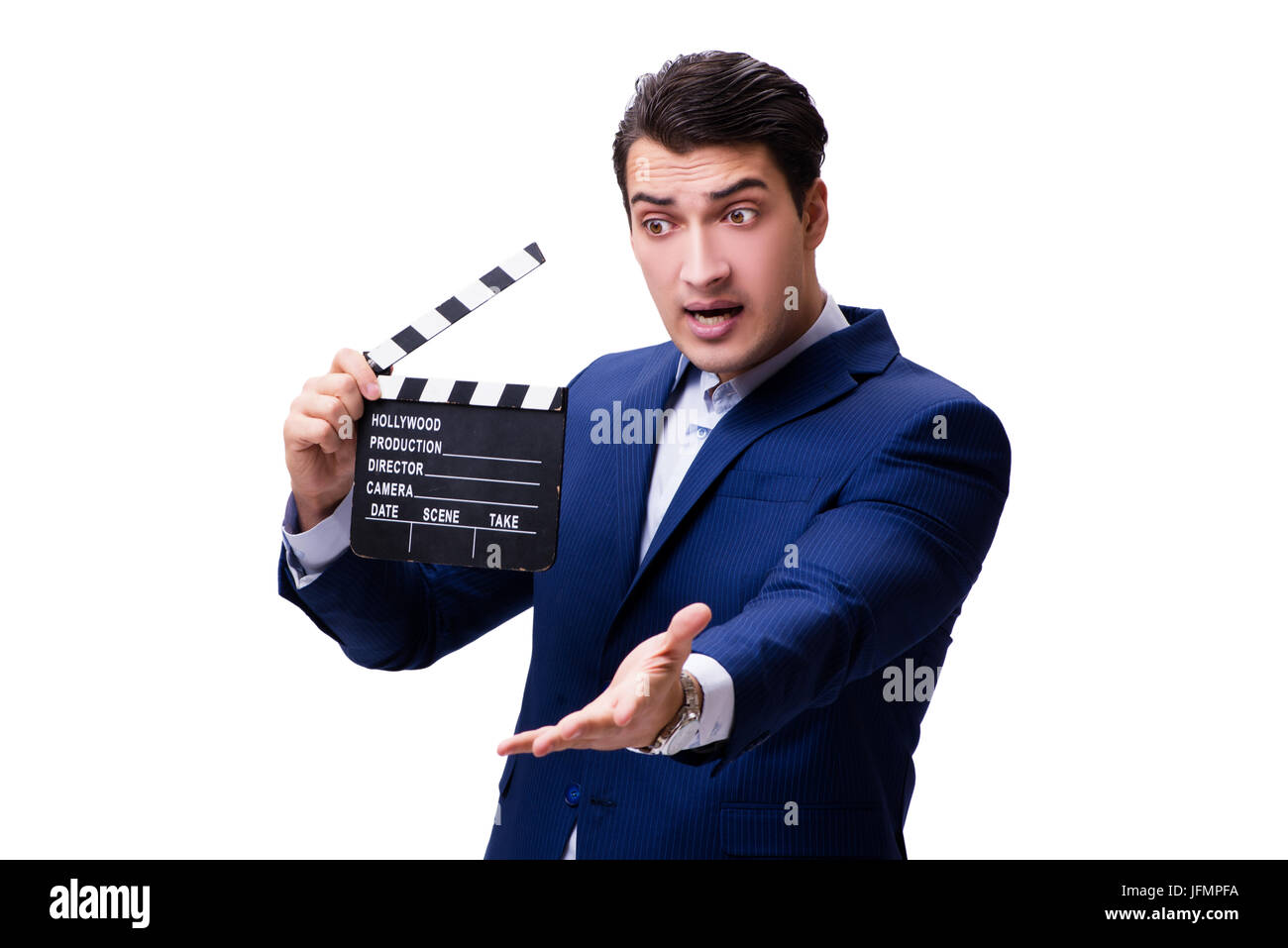 Handsome man with movie clapper isolated on white Stock Photo - Alamy