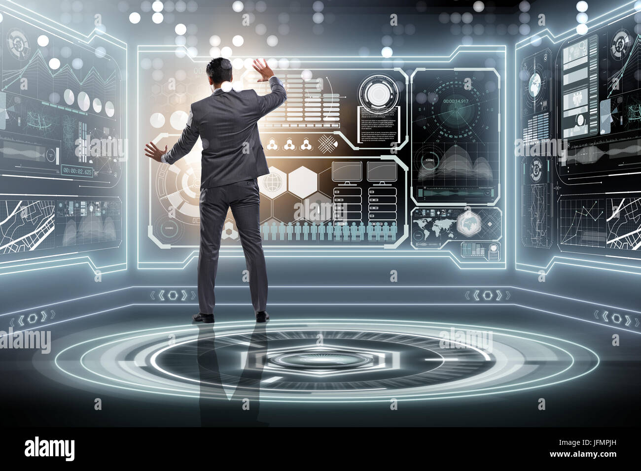 Man pressing virtual button in data mining concept Stock Photo - Alamy