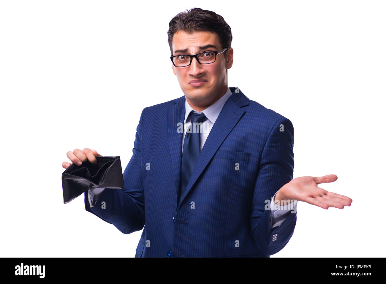 Bankrupt broke businessman with empty wallet on white background Stock ...