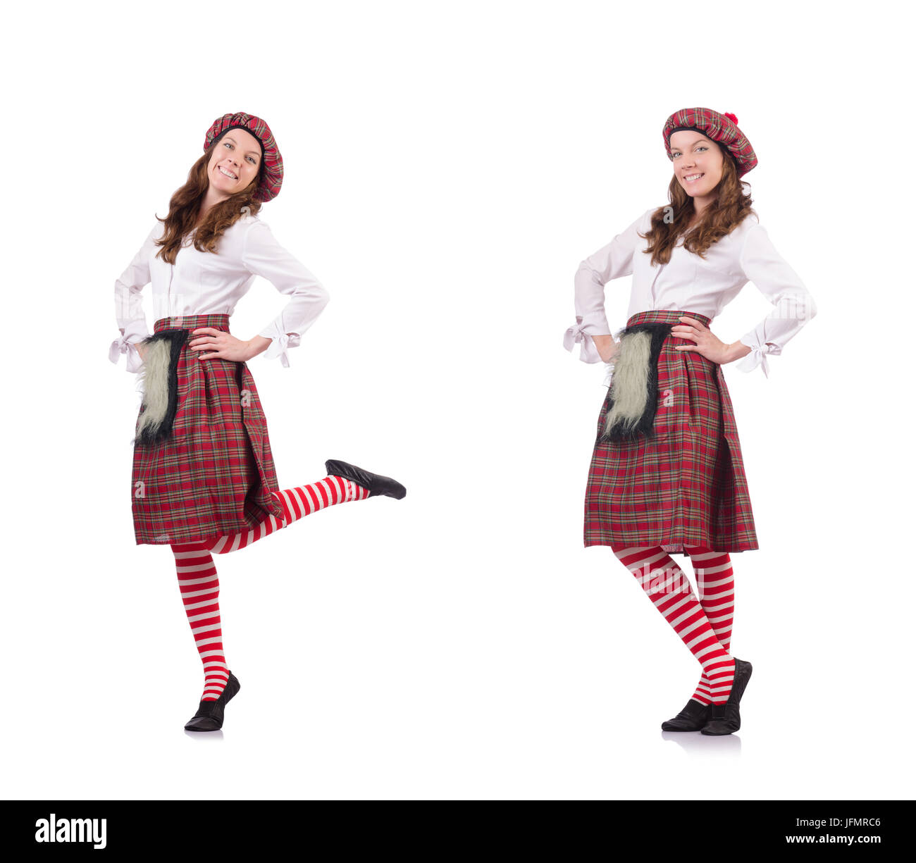 Pretty girl in plaid red clothing isolated on white Stock Photo - Alamy