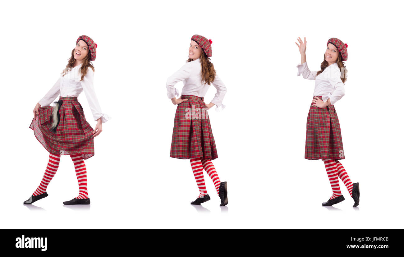Pretty girl in plaid red clothing isolated on white Stock Photo - Alamy