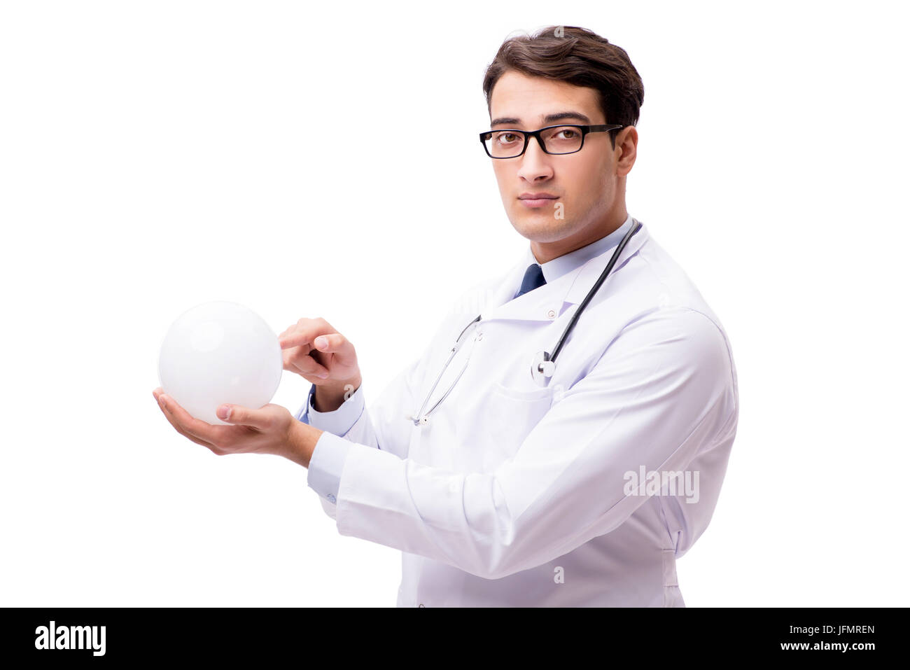 Doctor with crystal ball isolated on white background Stock Photo - Alamy