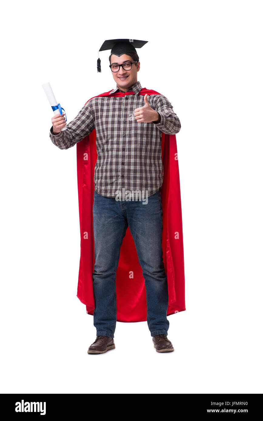 Super hero student with books isolated on white Stock Photo - Alamy