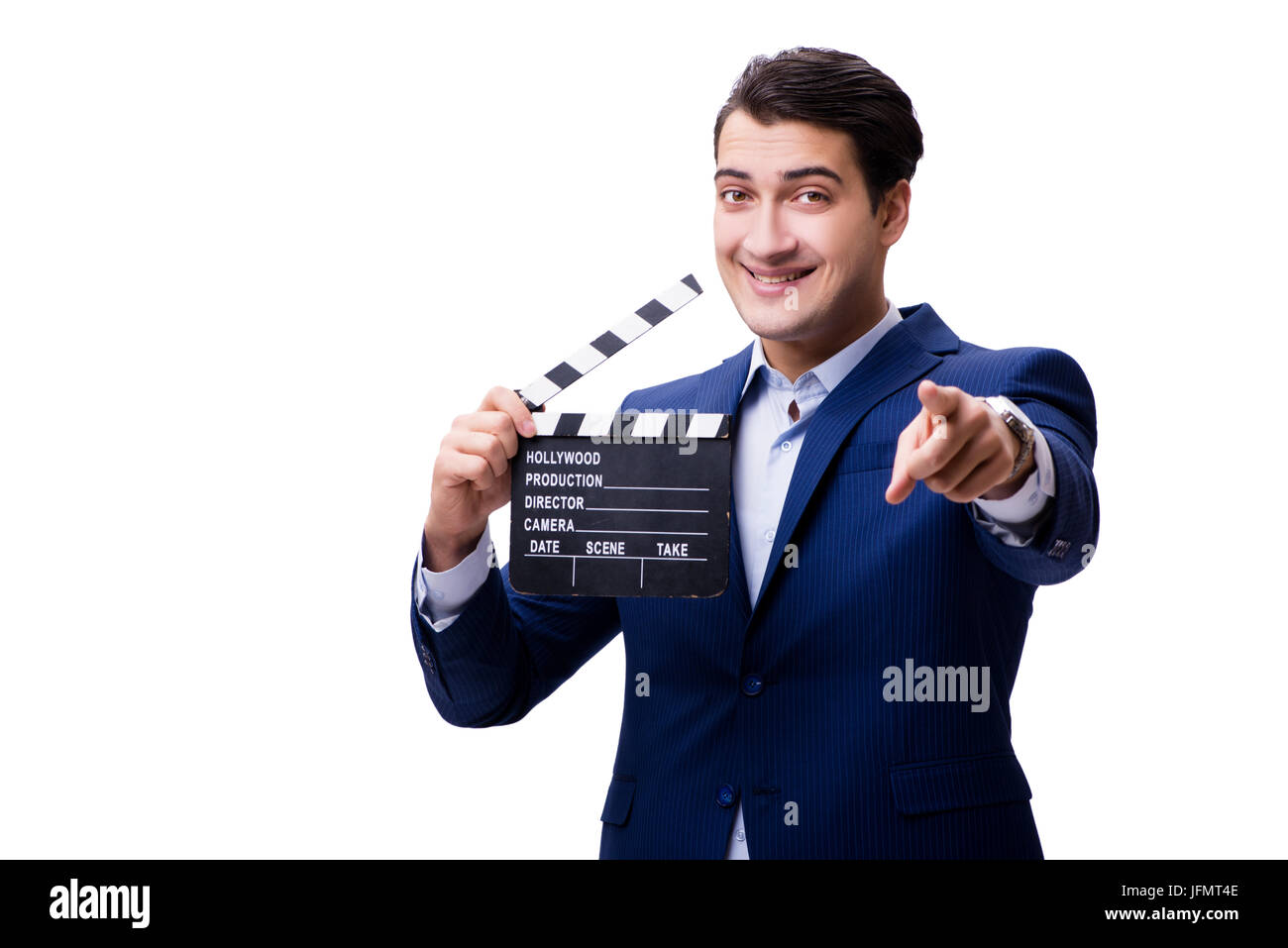 Handsome man with movie clapper isolated on white Stock Photo - Alamy