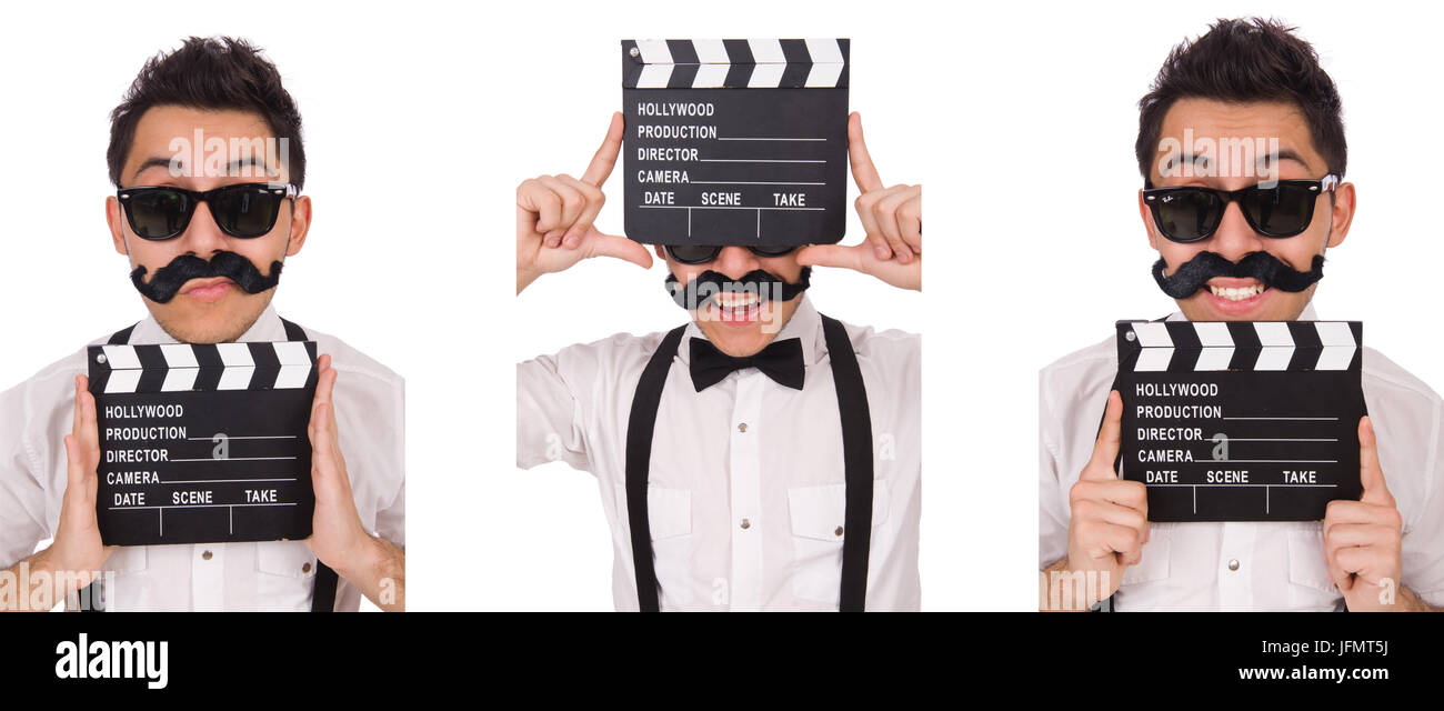 Whiskered young man with clapperboard isolated on white Stock Photo - Alamy