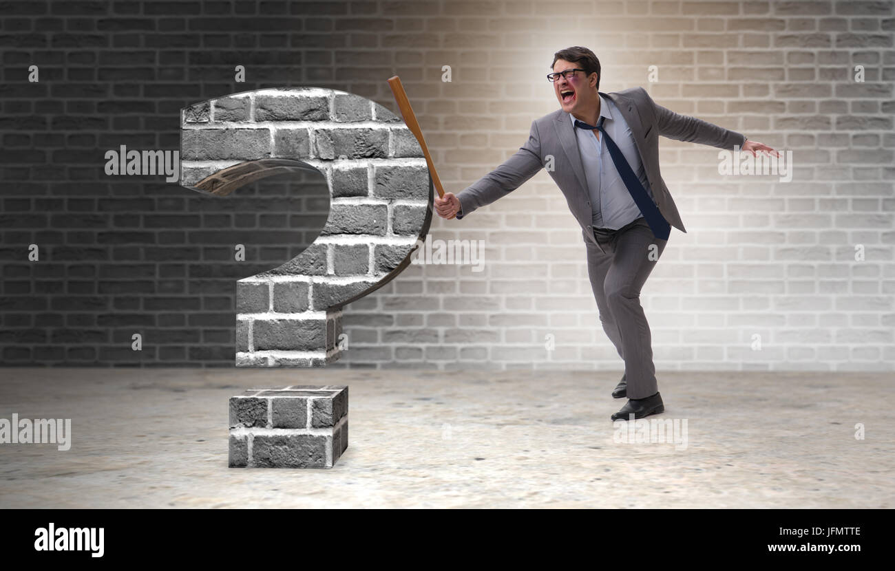 Angry man with baseball bat hitting question mark Stock Photo - Alamy