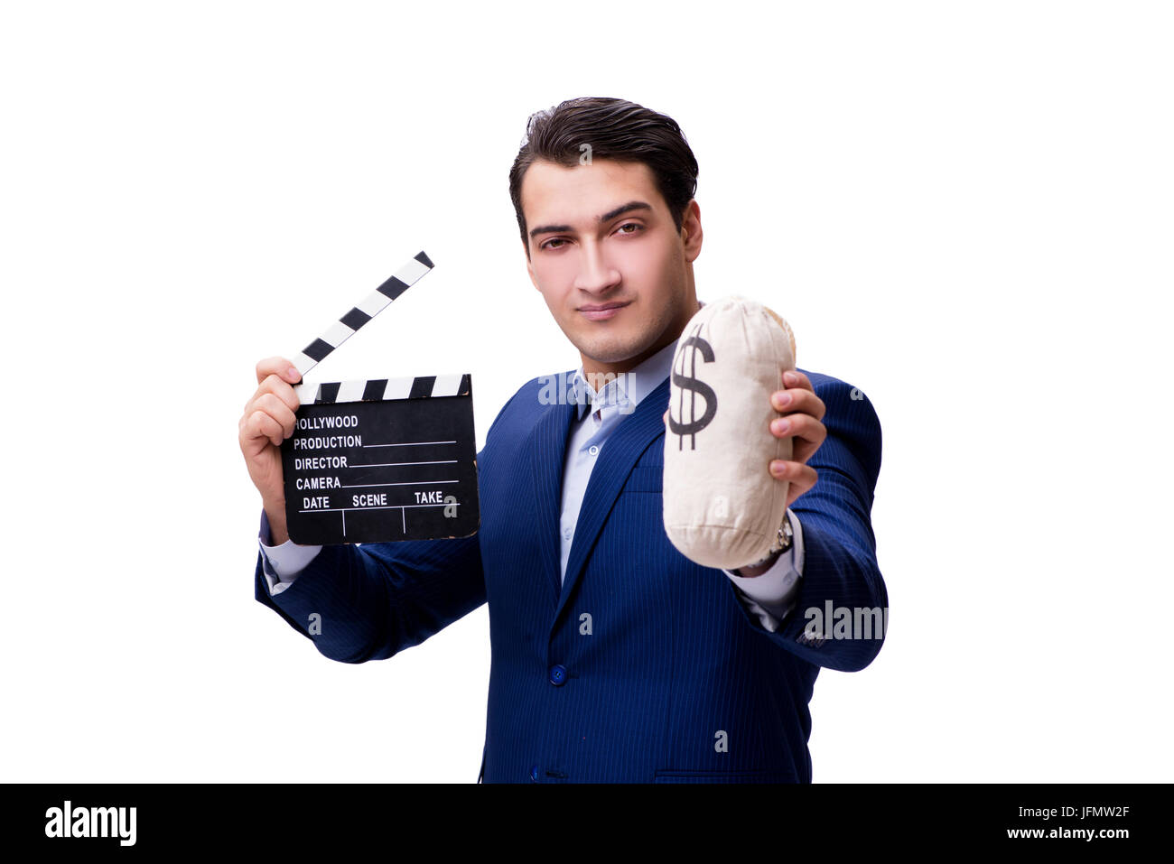 Handsome man with movie clapper isolated on white Stock Photo - Alamy