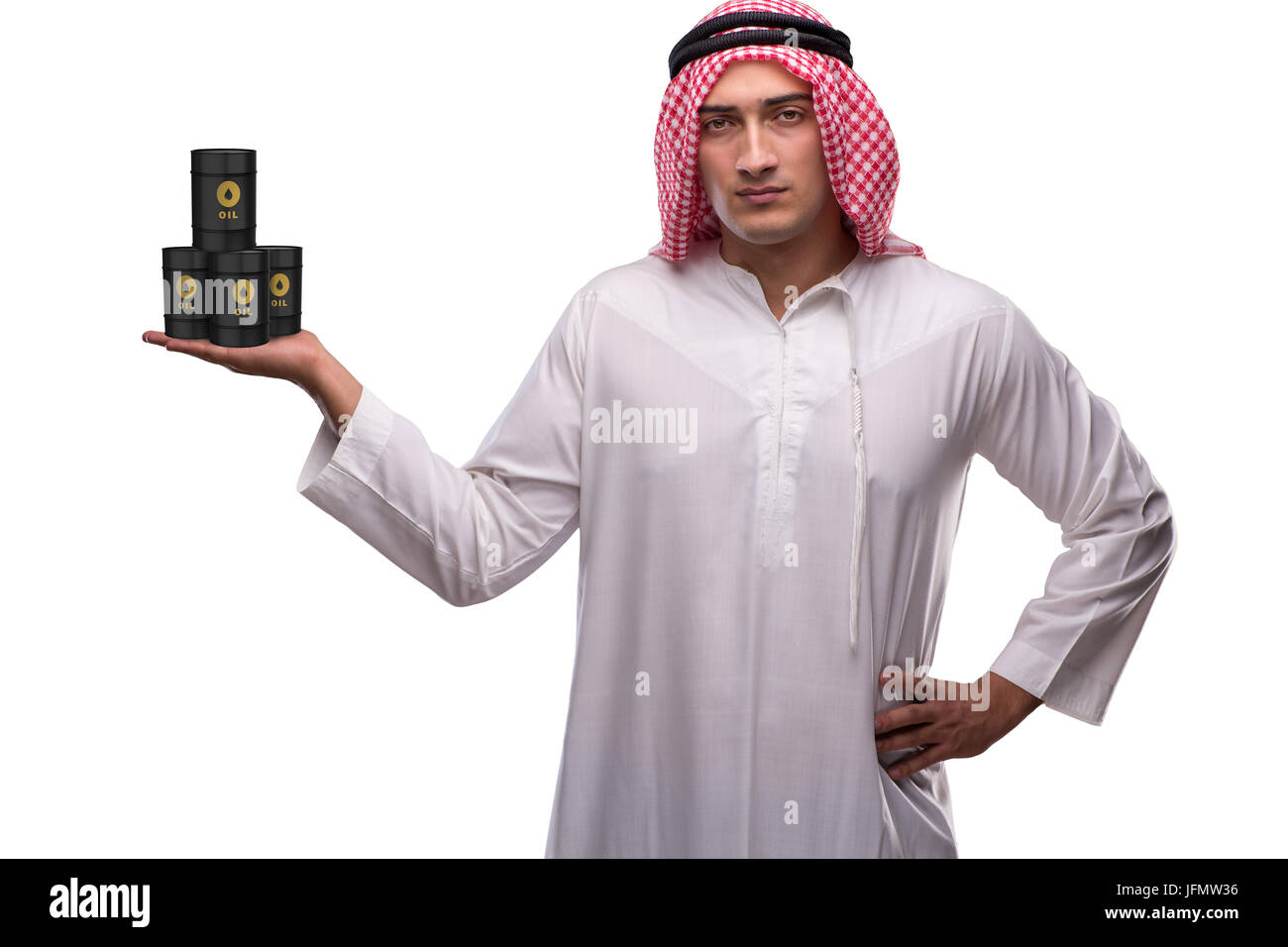 Arab businessman holding oil barrel on white background Stock Photo - Alamy