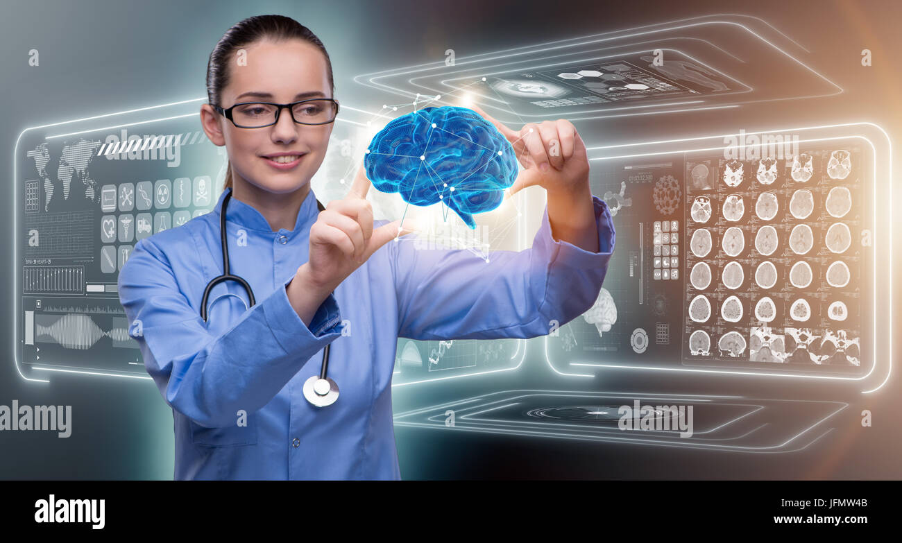 Female doctor with the brain in medical concept Stock Photo - Alamy