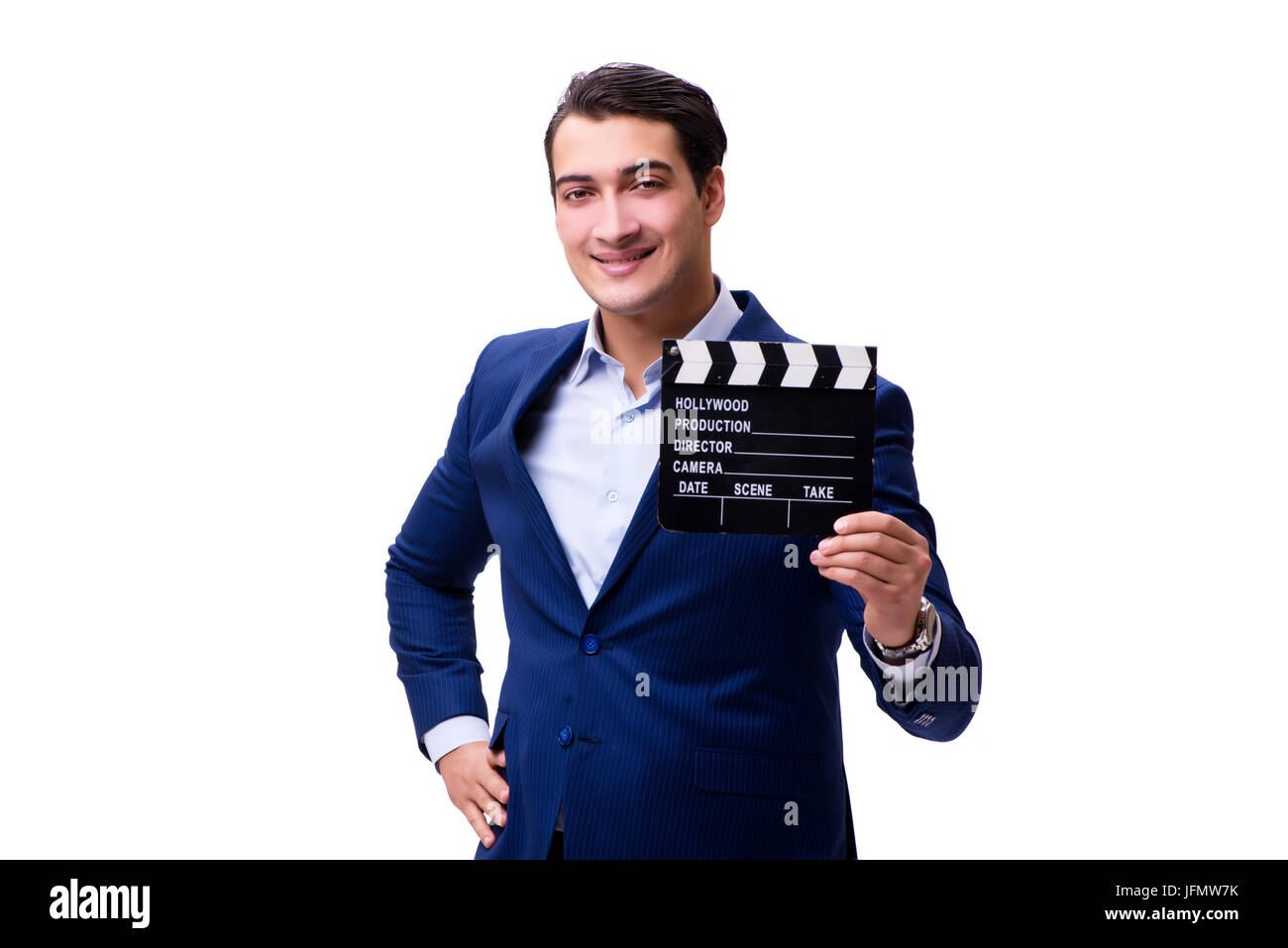 Handsome man with movie clapper isolated on white Stock Photo - Alamy