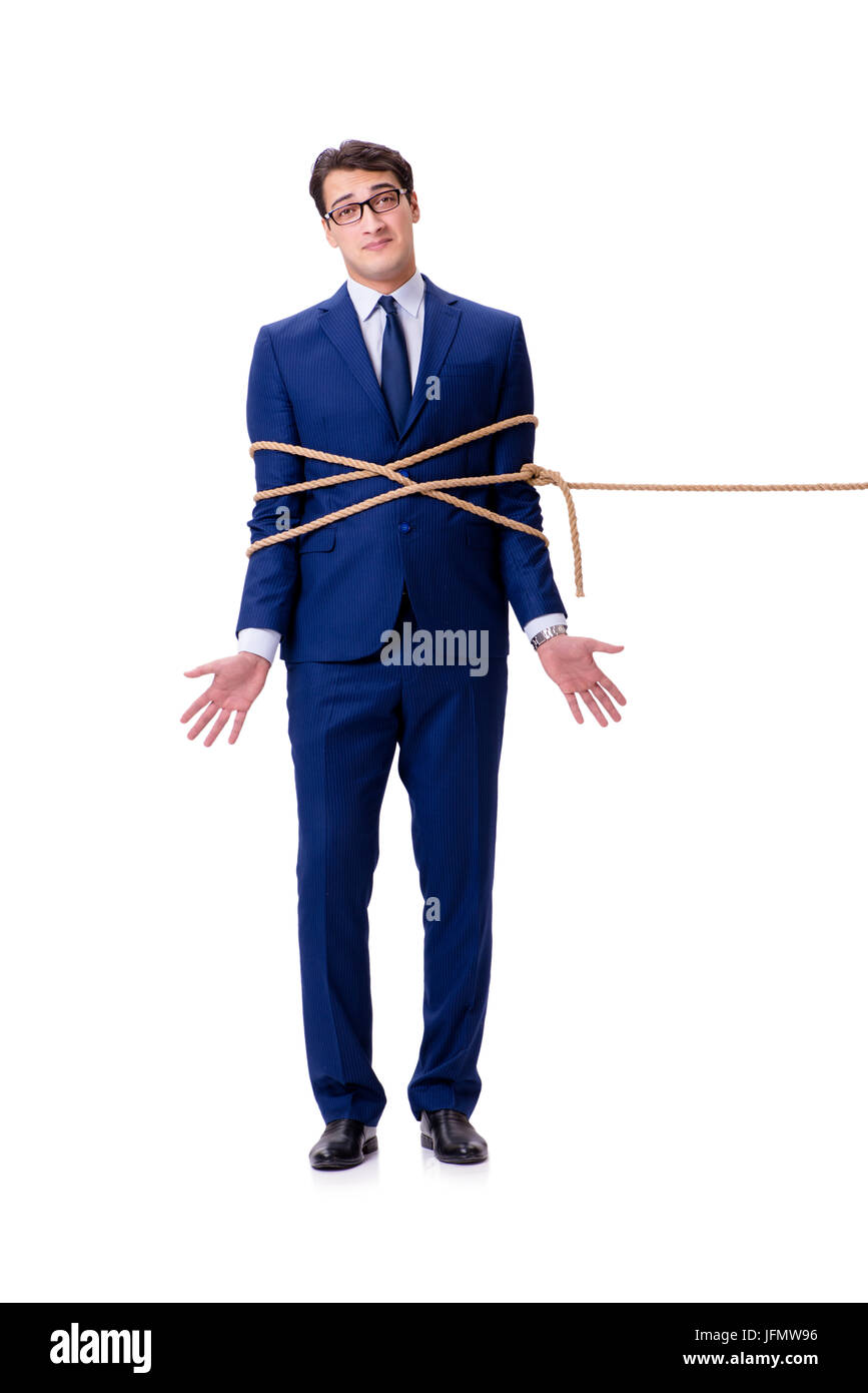 Businessman caught with rope lasso isolated on white Stock Photo - Alamy