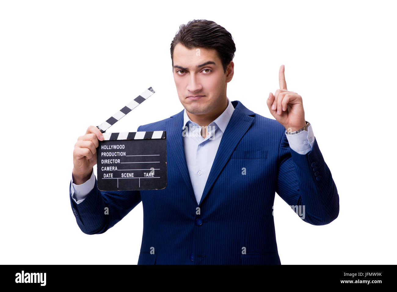 Handsome man with movie clapper isolated on white Stock Photo - Alamy