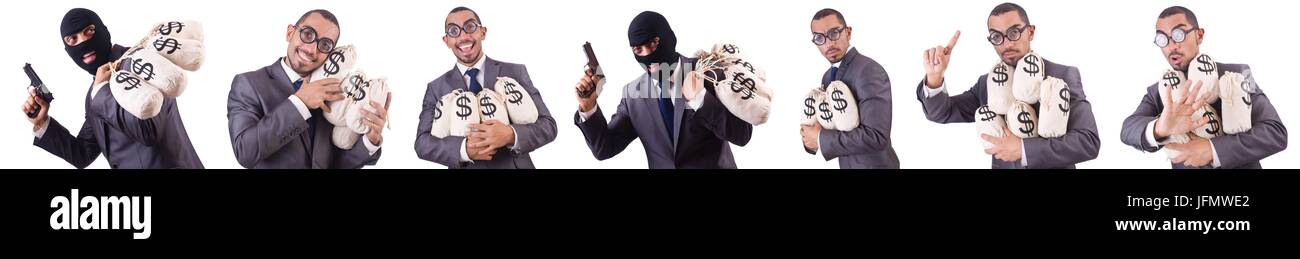 Gangster with bags of money on white Stock Photo - Alamy