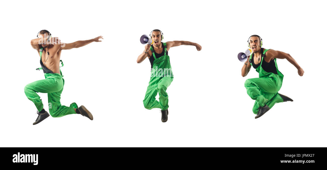 Construction worker jumping and dancing Stock Photo - Alamy