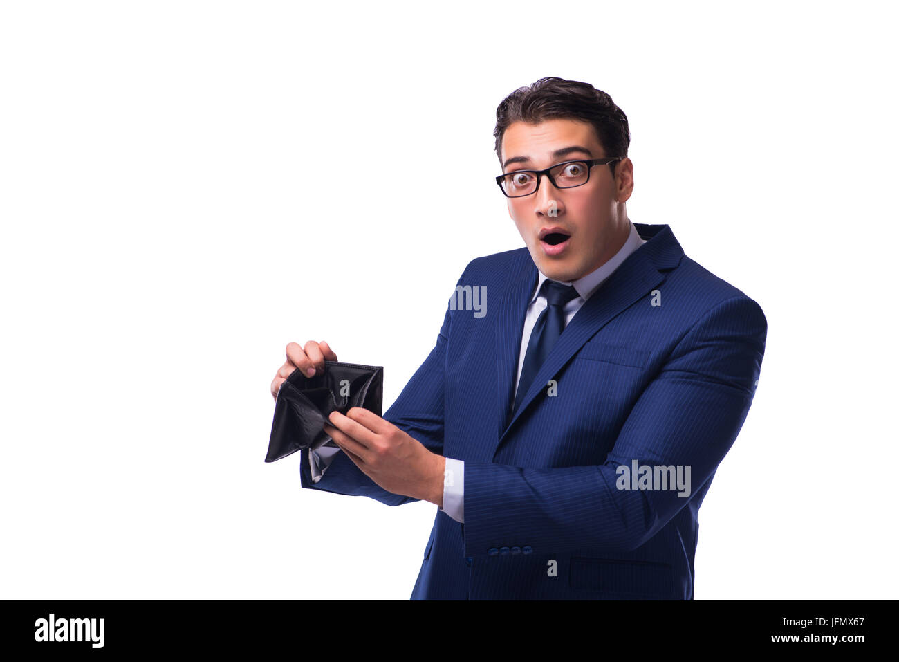 Bankrupt broke businessman with empty wallet on white background Stock ...