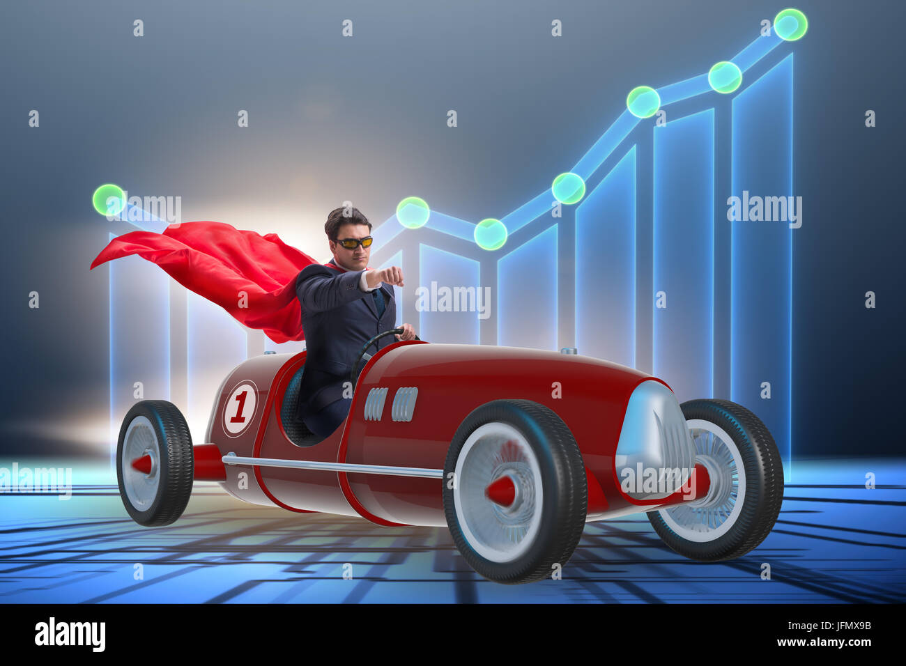 Superhero businessman driving vintage roadster Stock Photo - Alamy