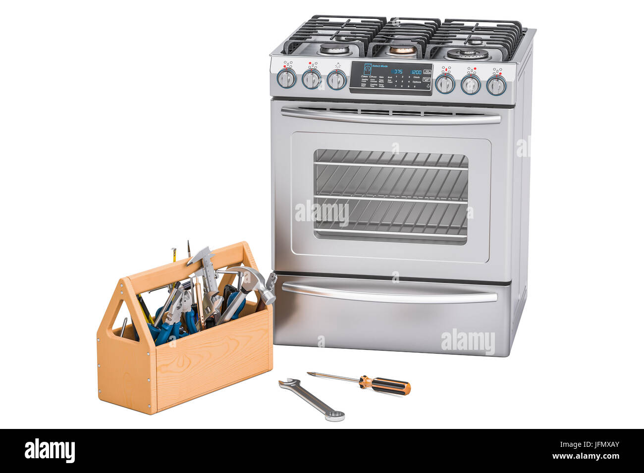 Service and repair of gas stove concept. 3D rendering isolated on white ...