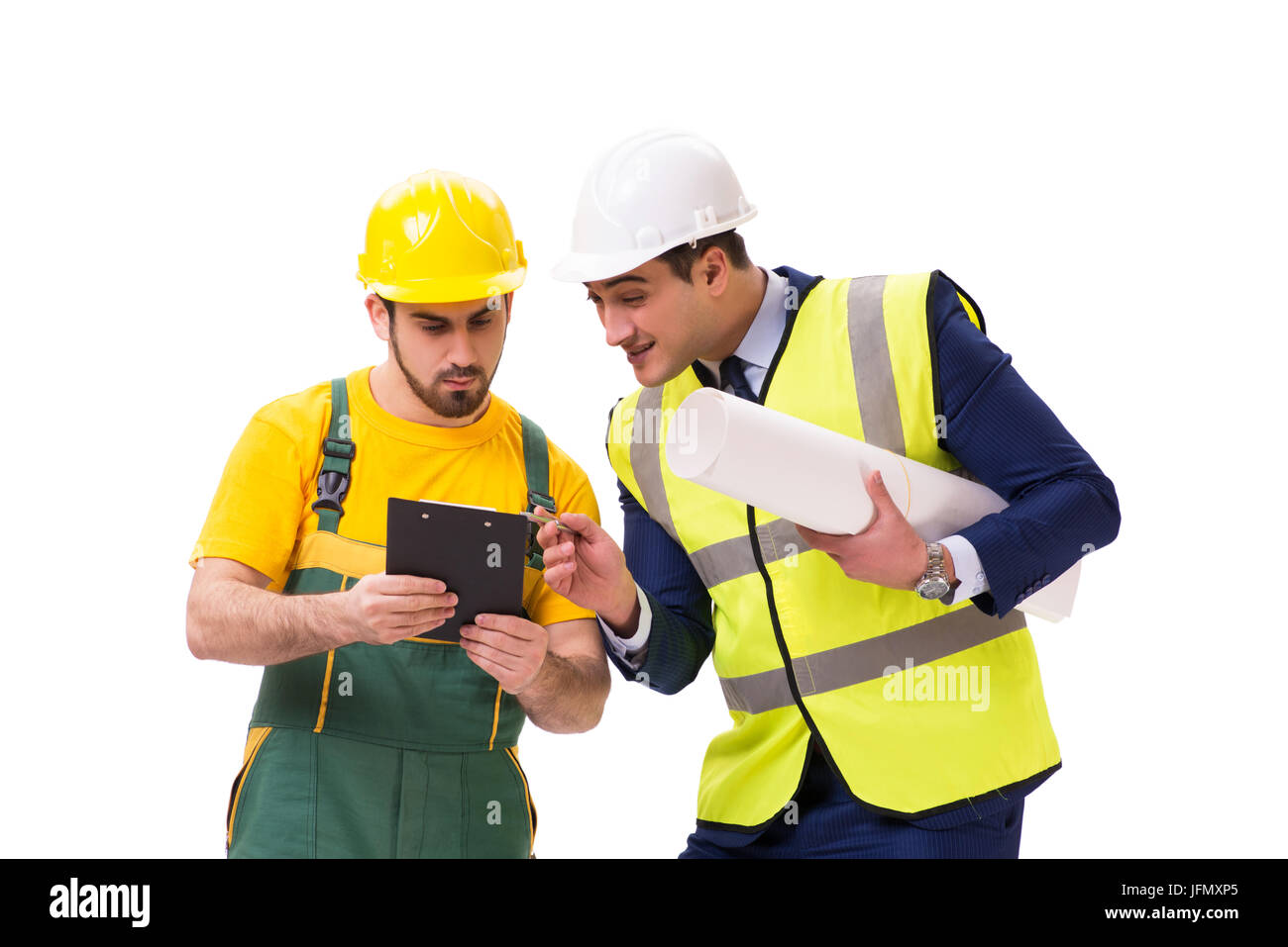 Two workers isolated on the white background Stock Photo - Alamy