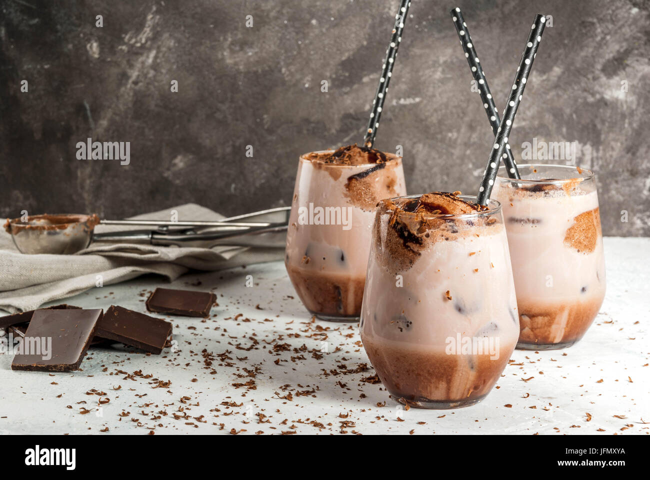 Summer refreshment drinks. Chilled iced chocolate cocoa. With scoop of ...