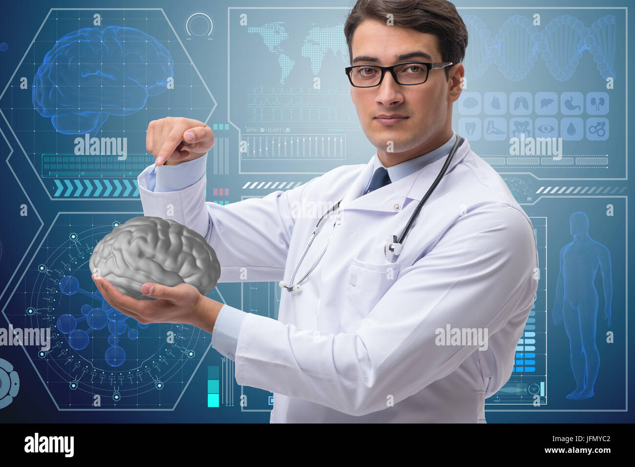 The male doctor with the brain in medical concept Stock Photo - Alamy