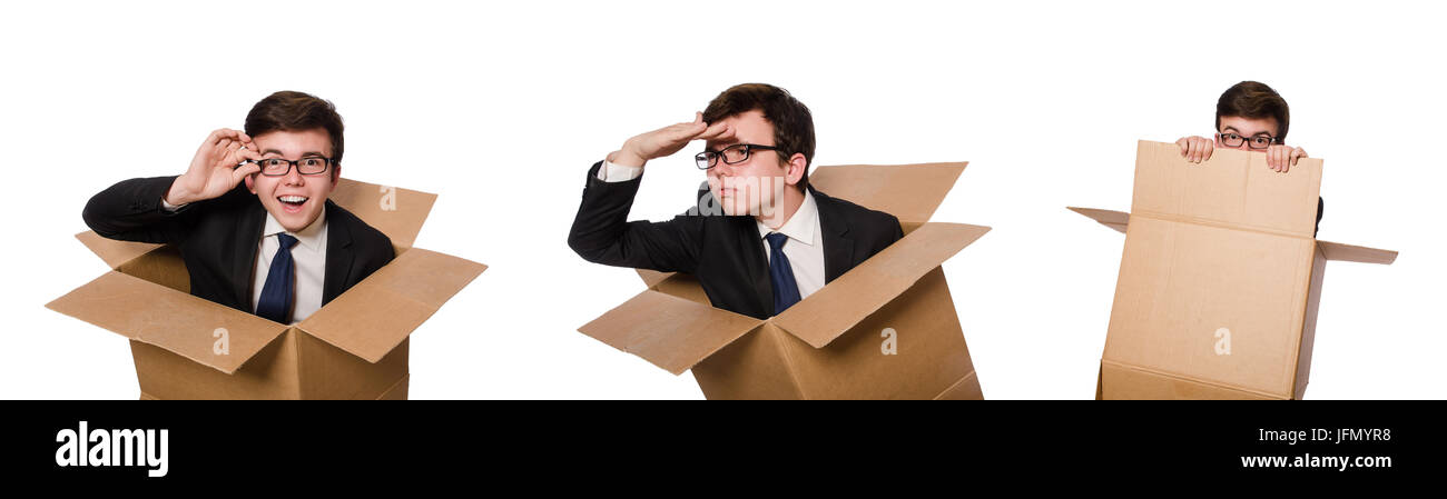 The funny man with boxes isolated on white Stock Photo - Alamy