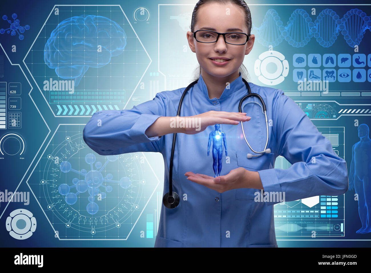 The woman doctor in futuristic medical concept Stock Photo - Alamy